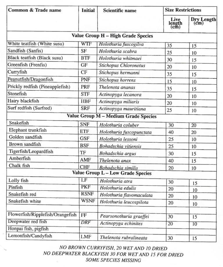 Beche-De-Mer minimum harvest sizes (Wet Length) and minimum purchase ...
