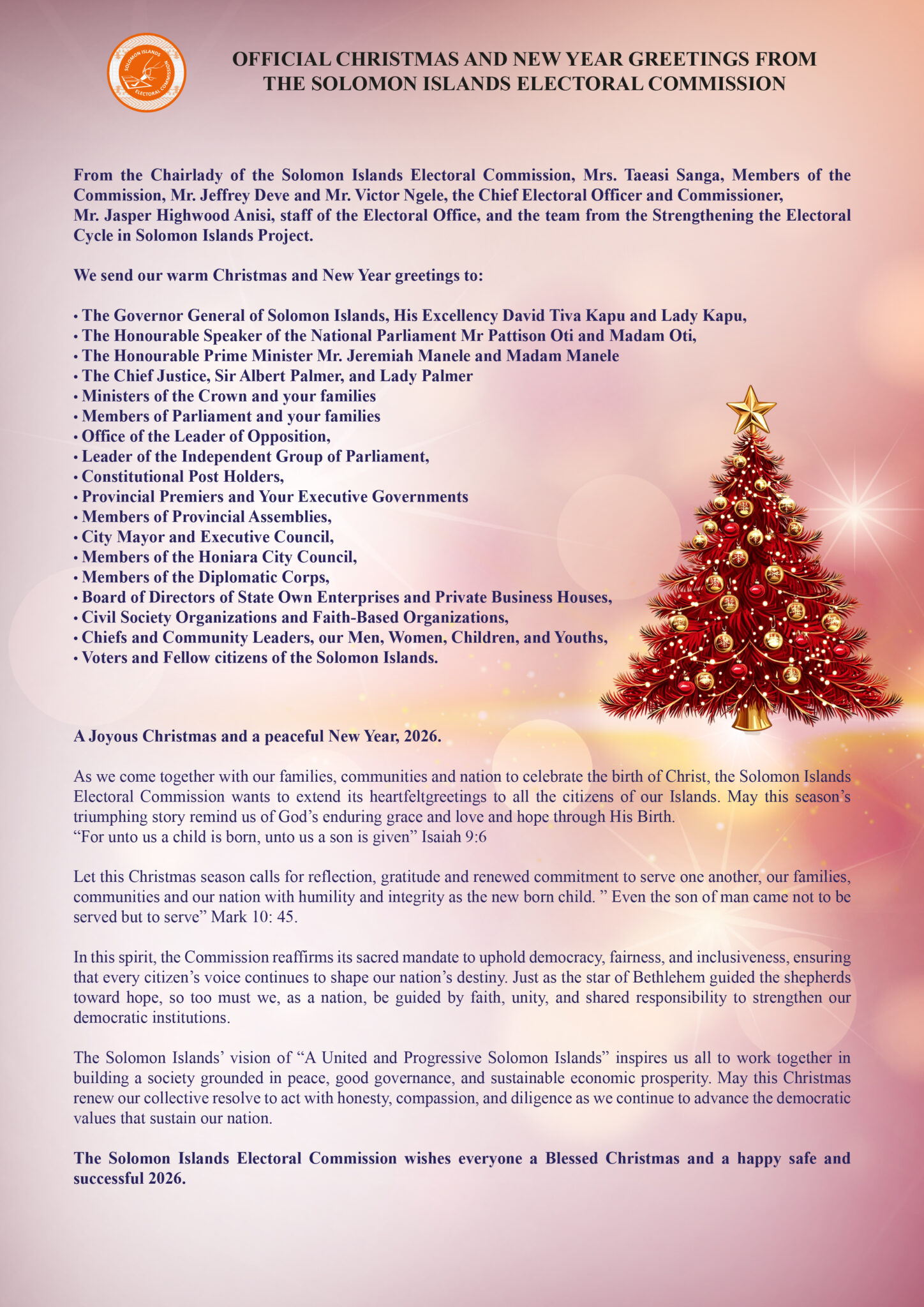 OFFICIAL CHRISTMAS AND NEW YEAR GREETINGS FROM THE SOLOMON ISLANDS ...
